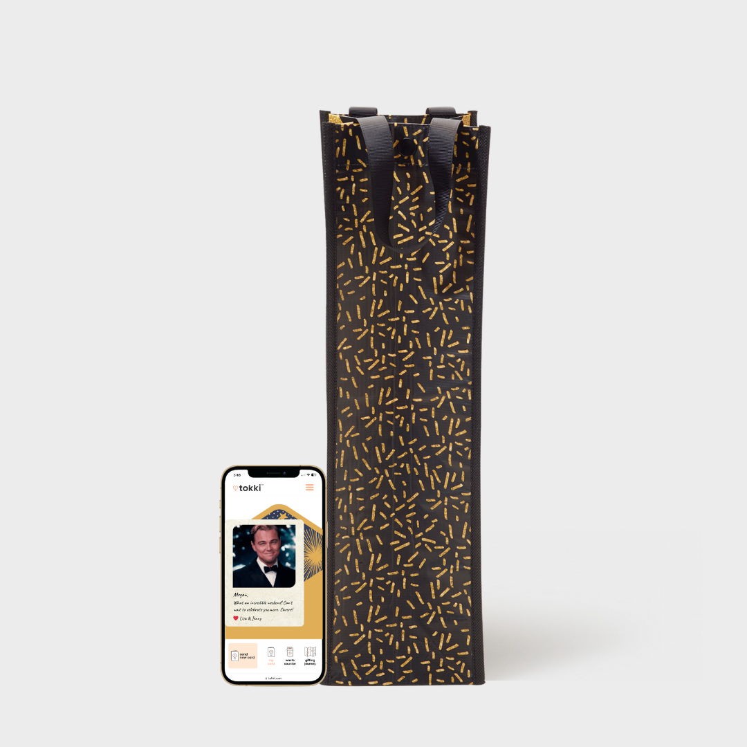 Black and Gold Sparkle | Wine | Reusable Gift Bag + QR Greeting Card ...